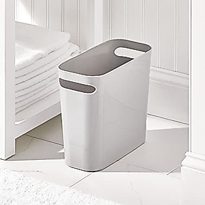 mDesign 2 Piece Combo - Slim Plastic Trash Can with Built-in Handles & Toilet Bowl Brush & Holder for Bathroom Storage and Organization - Set of 2 - Gray