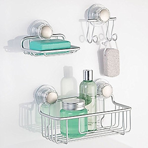 InterDesign Metro Rustproof Aluminum Turn-N-Lock Suction, Bathroom Shower Caddy Basket for Shampoo, Conditioner, Soap - Silver