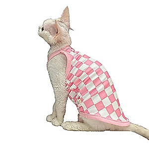 Sphynx Cat Clothes Summer Ice Silk Vest Vintage Plaid Camis Ultra Thin Breathable Lightweight Kitten Apparel Pet Clothes for Cat (XXL(11-15lbs), Pink Plaid)