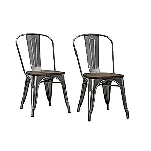 DHP Fusion Metal Dining Chair with Wood Seat, Distressed Metal Finish for Industrial Appeal, Set of two, Antique Gun Metal