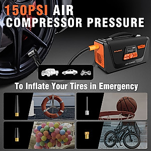 Car Jump Starter with Air Compressor, 4000A Peak 150PSI Portable Battery Starter 12V 26800mAh Car Battery Booster Pack (8.0L Diesel/All Gas), 4 in 1 Jump Starter/Air Compressor/Power Bank/LED Light