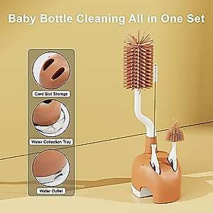 ePiiChua Silicone Bottle Brush Set with Stand, 360° Rotating Silicone Bottle Cleaning Brush Cleaner Set, Long Handle 3 in 1 Multipurpose Silicone Baby Bottle Gap Cap Cleaner Brush (Orange)