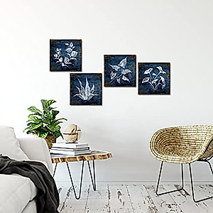 KLVOS Leaf Picture Wall Art Prints Navy Blue Tropical Plant Green Leaf Inspirational Canvas Prints Artwork Rustic Natural Leaves Framed Wall Decor for Bathroom Bedroom Living Room