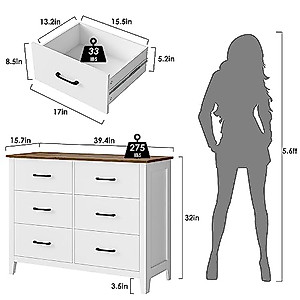 HOSTACK 6 Drawer Double Dresser, White Dresser, Wide Chest of Drawers, Wood Storage Dresser Chest Organizers for Living Room, Entryway, Hallway, White/Rustic