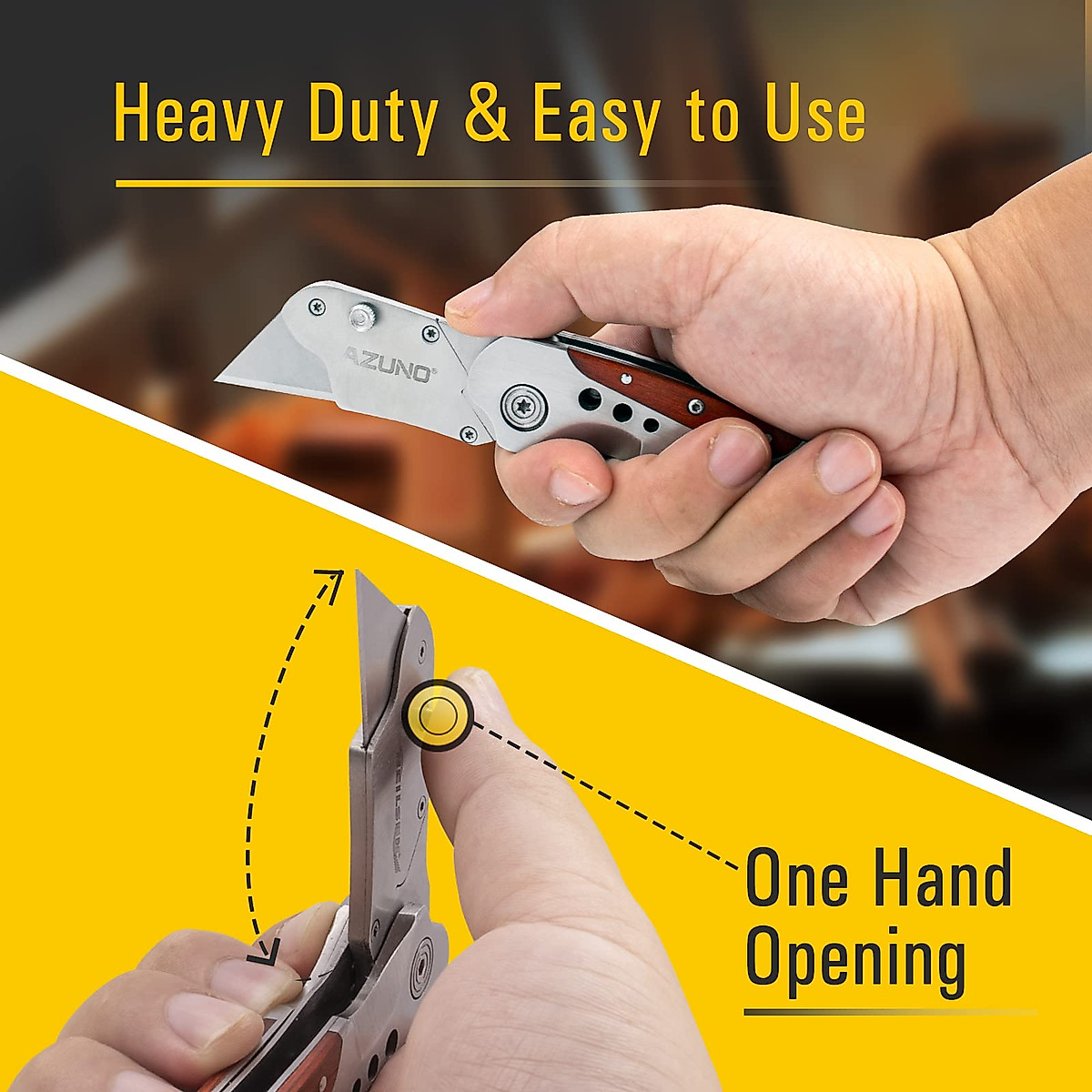 AZUNO Wood Handle Folding Utility Knife with Stainless Steel Head, Quick-change Blade & Back Lock