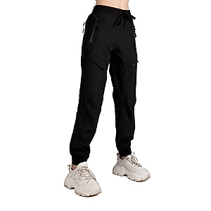 Singbring Women's Athletic Hiking Cargo Joggers Pants Outdoor Workout Lightweight Quick Dry UPF 50 Zipper Pockets (Black88-M)