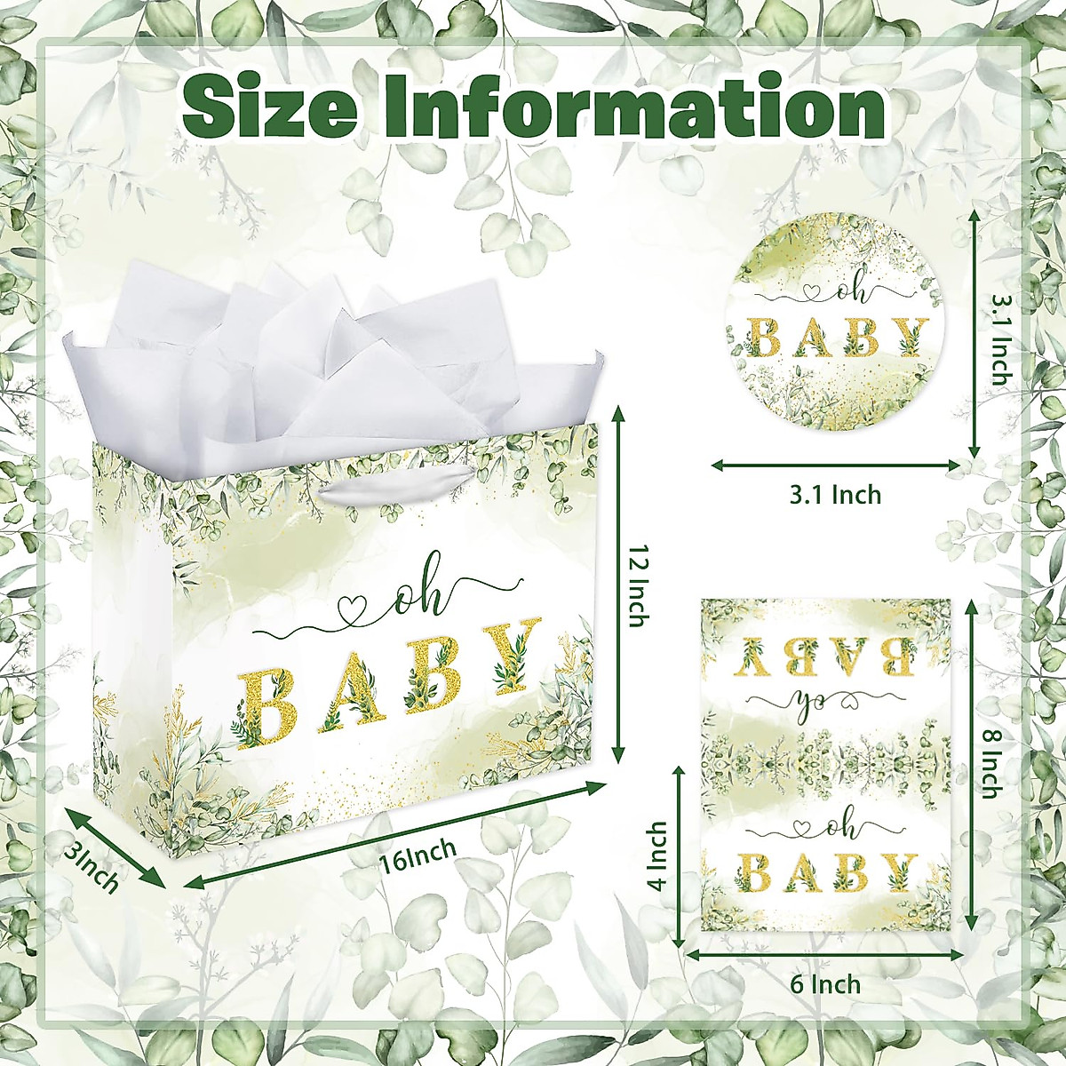 Mpanwen 16" Large Sage Green Baby Gift Bag, Baby Gift Bag for Girl Boy with Tissue Papers and Card