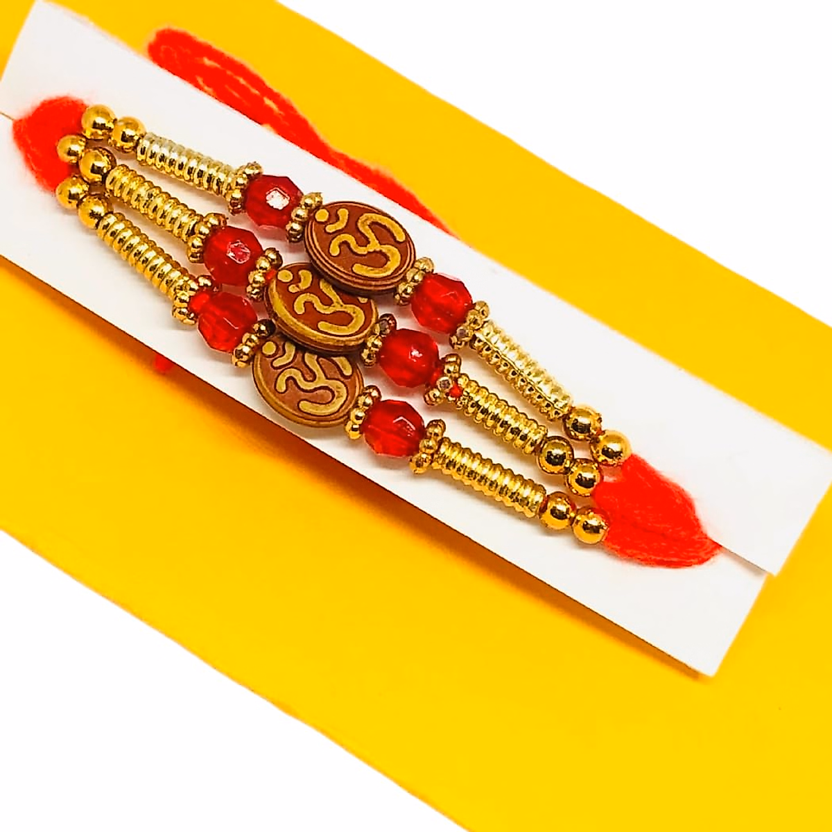ZYRENA Set of 3 OM Rakhi for Brother Bhaiya Bhabhi, Gift Rakhi for Family, Raksha Bandhan Festival Rakhi for Bhaiya and Bhabhi, Oval Om Pendant with Rudraksha and Golden Beads Rakhi Thread