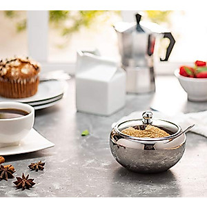 KooK Large Stainless Steel Sugar Bowl with Lid and Spoon, Serving Dish, Clear Glass Lid, Storage for Salt, Candy, Coffee, Holds 2 Cups, Dishwasher Safe, 16 oz (Stainless Steel)