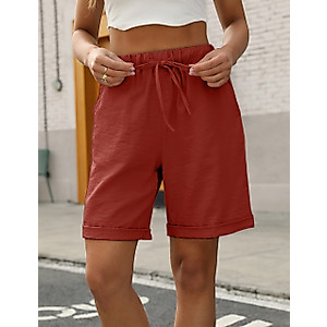 Tanming Women's Summer Casual Elastic Waist Rolled Hem Bermuda Shorts with Belt (Red, X-Large)