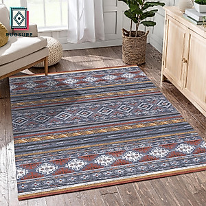 RUGSURE Washable Area Rugs 4' x 6' - 1/6 Thick - Moroccan-Inspired -Stain & Water Resistant Non-Slip - Resistant Rug for Living Room, Bedroom, Nursery, Pet & Child Friendly (Blue and Red)