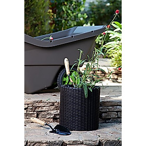 Keter Resin Wicker Cylinder Flower Pot Set of 3 Small, Medium, and Large Planters with Drainage Plugs for Outdoor or Indoor Plants, Charcoal Grey