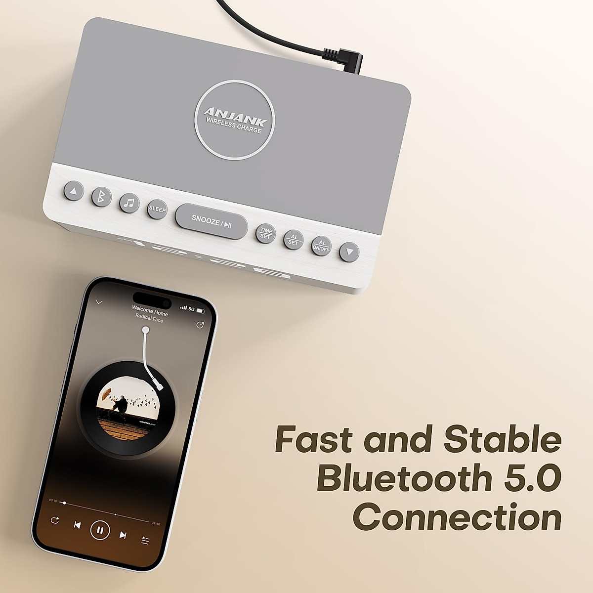 ANJANK Wooden Sound Machine Alarm Clock for Bedroom, Bluetooth Speaker, Wireless Charging Station for iPhone/Samsung, Sleep Timer, 0-100% Dimmer, White Noise Machine for Sleeping Adults with 20 Sounds