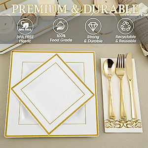 175 Piece Gold Dinnerware Set 25 Guest-50 Square Plastic Plates-25 Gold Plastic Silverware-25 Gold Plastic Cups-25 Gold Paper Napkins, FOCUSLINE Disposable Dinnerware Set