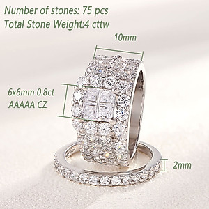 Wuziwen 4Ct Princess Engagement Ring Wedding Rings Set for Women 5A CZ 925 Sterling Silver Size 11