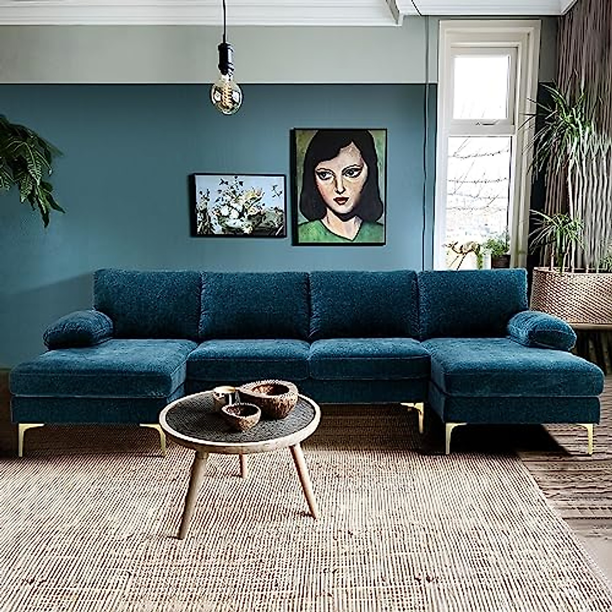 U-Shaped Sectional Sofa Comfy Couch for Living Room Set, 110 inches Wide Modern Large 4-Seat Couch Convertible Soft Velvet Couch Set with Double Chaise Lounge (Teal Blue, Chenille Fabric)