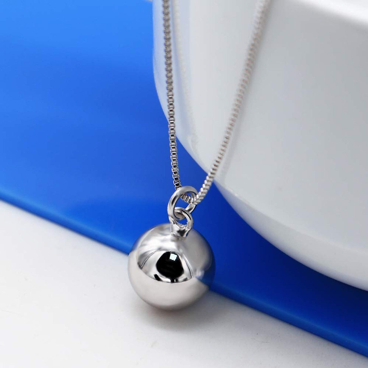 Dankadi Italian Design Simple Cute 925 Sterling Silver Necklace For Women 12MM Ball Bell Pendant Choker Adjustable Jewelry Gifts 18" Box Chain Fashion (Silver color)