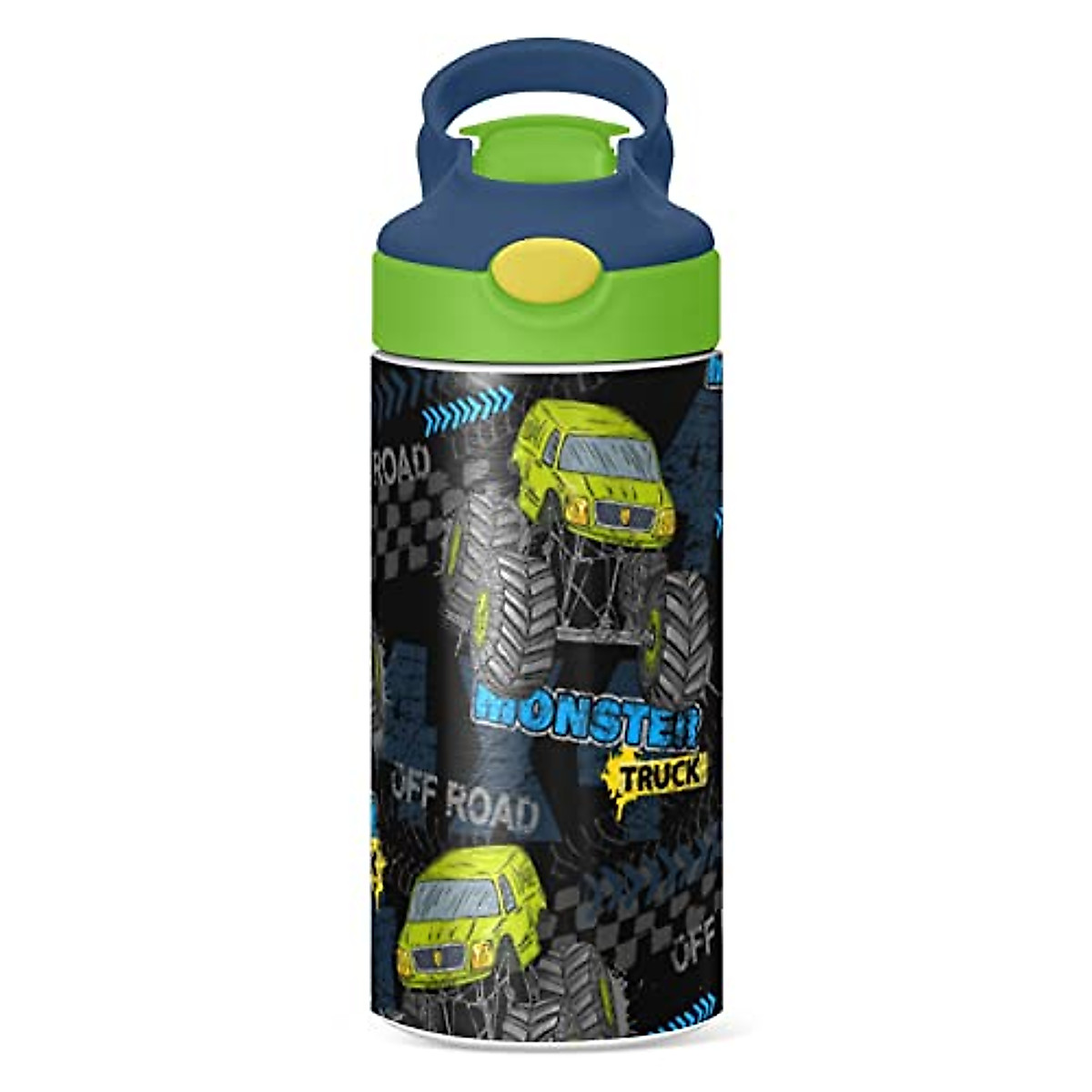 Monster Truck Car Kids BPA Free Water Bottle 14 oz Insulated Stainless Steel Toddler Flask with Leak Proof Lid Double Walled Kids Water Cup for Kids - Green
