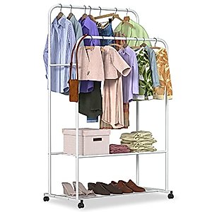 iMounTEK Garment Racks, Garment Hanging Rack Clothing Hanging Rail Pillow Shoe Display Organizer Stand Rolling Wheel Wardrobe Clothing Racks Clothes Organizer Shelves for Hanging Clothes for Bedroom