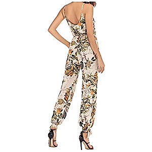 Bravetoshop Women's Summer Spaghetti Strap Jumpsuit V Neck Floral Print Sleeveless Wrap Long Pants Romper with Pockets (Beige,M)