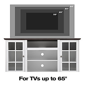 HolliWill White TV Stand, Entertainment Center for 65 inch TV, 58" Modern Farmhouse TV Stand with Glass Door, Tall TV Console or Storage Cabinet for Living Room,White&Brown