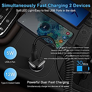 Fast Car Charger Pixel 7 Type C Car Plug Android USB C Cigarette Lighter Car Adapter Fast Charging C Coiled Cable for Samsung Galaxy A14 5G/S23/A54/A34/A23/Z Fold 4/A13/S21 FE/A53/A03s,Pixel 7 Pro/6a
