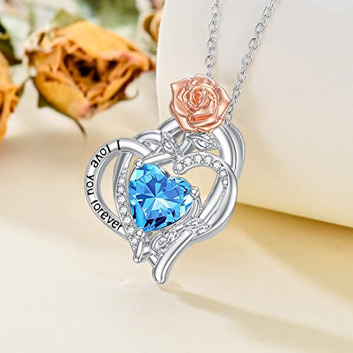 TOUPOP Christmas Gifts for Women Heart Necklaces for Women Sterling Silver Rose Heart Pendant Necklace with March Birthstone Aquamarine Birthday Christmas Jewelry Gifts for Women Girls Mom Friends