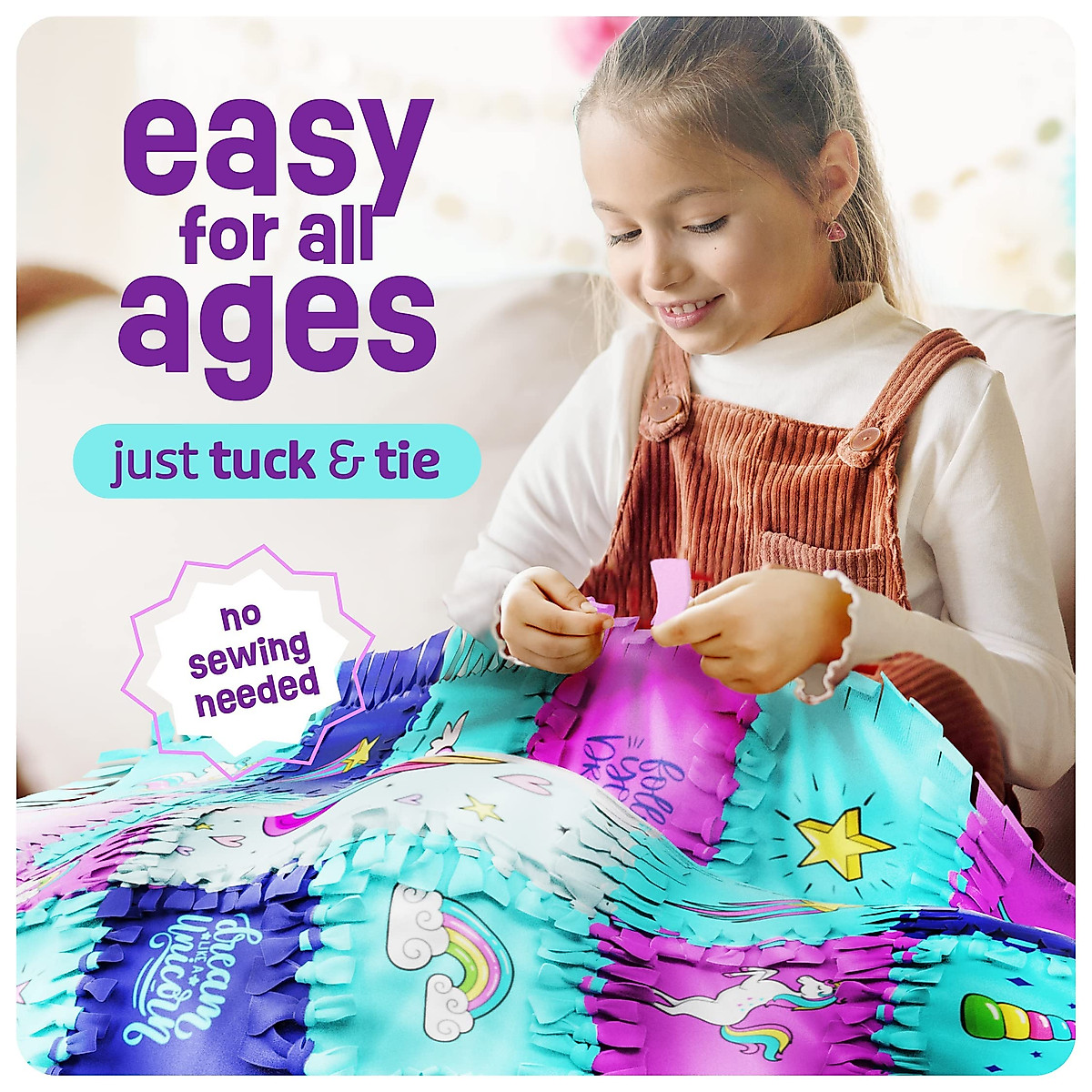 Pretty Me Unicorn Tuck N' Tie Fleece Blanket Kit - DIY Crafts for for Girls Ages 6+ Year Old - Best Arts & Craft Girl Gifts Ideas - No Sew Blanket Making Kit - Kids Crafts Gift Toys Kits