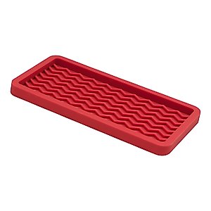HomeBee Silicone Kitchen Bath Vanity Organizer Tray, Non-Slip Multipurpose Sink Caddy | Dish Sponge, Brush, Soap Dispenser Bottle Holder | Dishwasher Safe Rubber Counter Mat (10 x 5.25 Inch – Red)