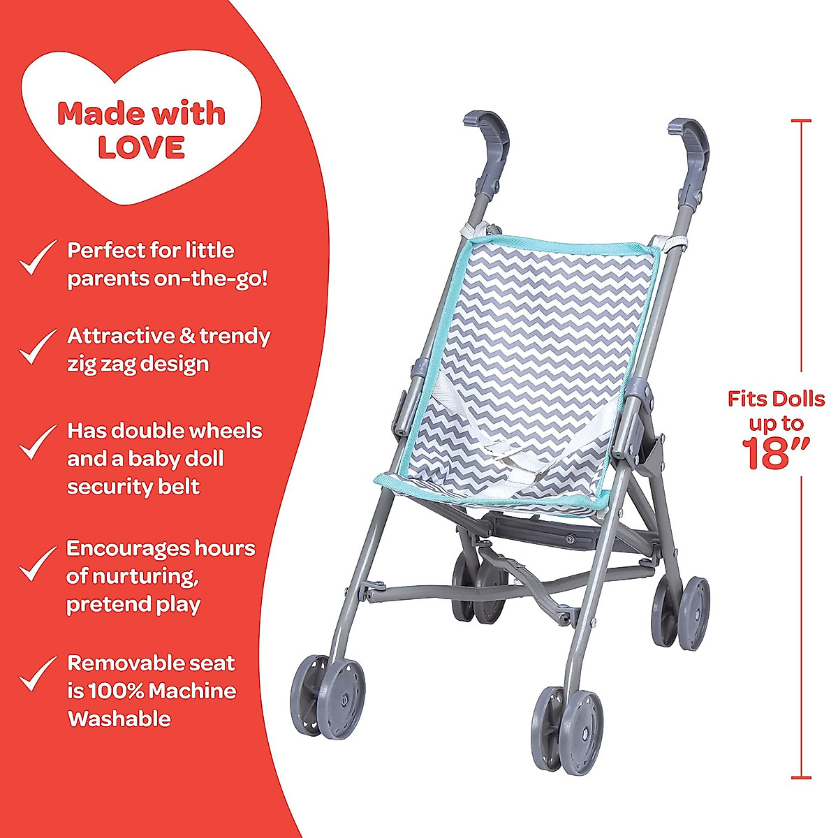 Adora Realistic and Creative Zig Zag Baby Doll Stroller with Fun Design, Adjustable Sun Cover; Doll Accessory Storage and Removable Stroller Seat That fits Dolls up to 18-inches - Small