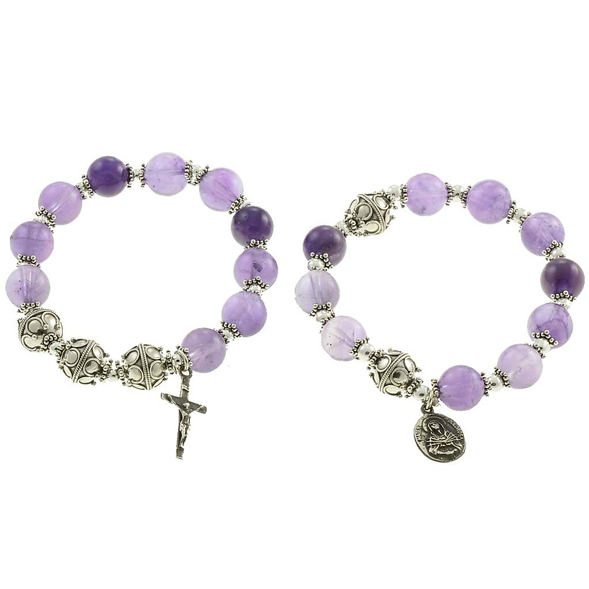 Sterling Silver 7 Sorrows Rosary, Amethyst 10mm, 7 Sorrows Rosary and Trinity Double Elastic Bracelet