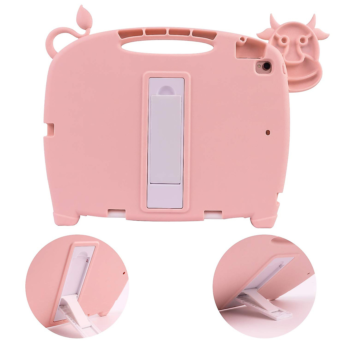 Kids Case for New iPad 9th/8th/7th Generation, iPad 10.2 2021 2020 2019 Case, CHIN FAI Cute Cow Slim Lightweight Shockproof Silicone Handle Stand Protective Cover for iPad 10.2/10.5 Inch (Pink)