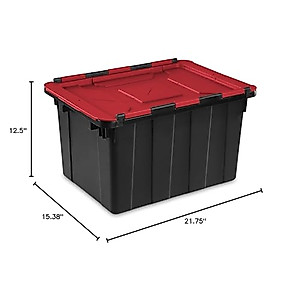 Sterilite 12 Gal Hinged Lid Industrial Tote, Stackable Storage Bin with Hinge Lid, Plastic Container to Organize Basement, Black with Red Lid, 1-Pack
