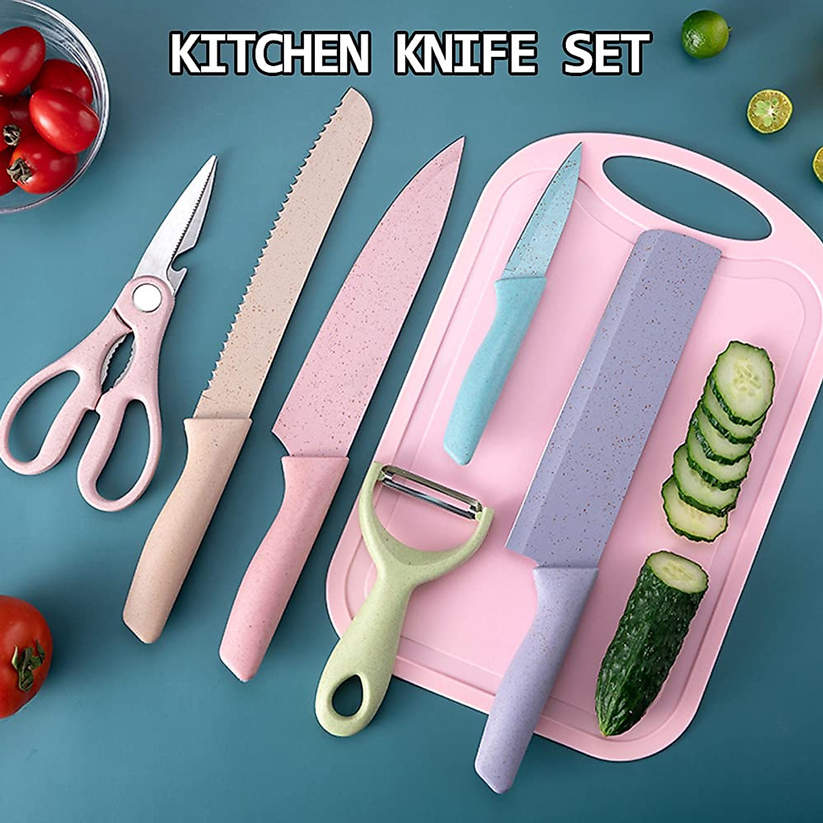 Colorful Kitchen Knife Set, 7 Pieces Sharp Kitchen Knives Set Including Cuchillos, Scissors, Peelers, Cutting Board - Stainless Steel Blade Knife for Slicing, Paring, Chopping, Cooking Knife