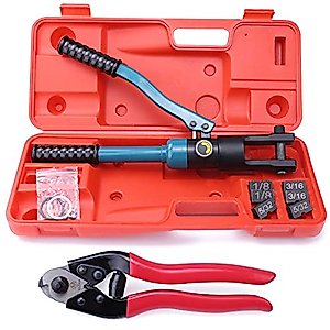 Muzata 60KN Upgraded Custom Hydraulic Hand Crimper Tool for 1/8" 5/32" 3/16" Stainless Steel Cable Railing Kit Wire Rope Swaging 3Pair Dies with Wire Cable Cutter CT01, CT1