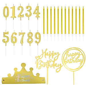 Chanseen 25Pcs Gold Birthday Candles Topper Crown Set - Number Candles 0 1 2 3 4 5 6 7 8 9, 12Pcs Long Thin Metallic Candles, 2Pcs Cake Toppers and Birthday Paper Crown Hat for Cake Decorations Party