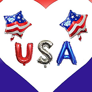 Huture 5PCS USA Flag Star Patriotic Aluminum Foil Balloons Mylar Balloons Kit 2 Stars Balloons 3 USA Letter for Birthday Celebration Holiday Events Party Favors Supplies Decoration Set