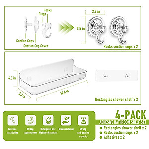 JJunLiM Acrylic shower organizer, Adhesive Clear Acrylic shelves for bathroom Organizer,Transparent No Drilling Wall Mount Shower Rack Storage with Soap Holder and Hooks (Transparent, Long,set of 4)
