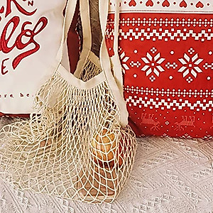 Tensico Reusable extra-length Shoulder strap Mesh Bags Cotton Mesh Grocery Bags,100% Cotton Net Cotton String Shopping Bag,Eco Market Bag Tote Bag Vegetable,Pack of 4 Portable Washable.
