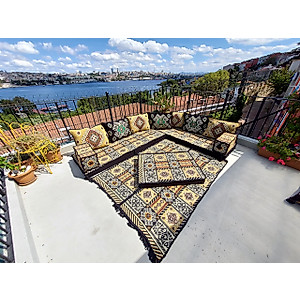 L Shaped Sectional Sofas, Floor Cushions, Black and Yellow Arabic Sofa Set, Pallet Sofa, Arabic Majlis, Pouffs, Garden Sofa Seating Sets (L Sofas + Rug + Ottoman)