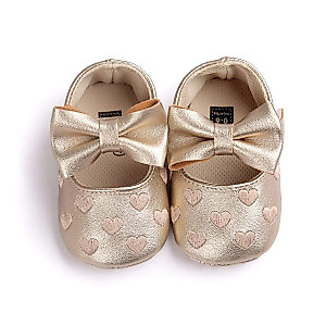 RVROVIC Baby Girls Shoes Soft Sole Mary Jane Flats Princess Dresses Shoes PU Cute Bow Crib Shoes Prewalker (6-12 Months Infant, Heart-Gold)