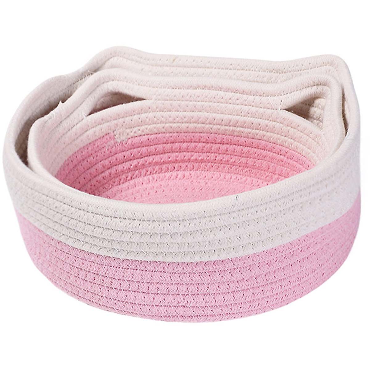 2-Pack Cotton Rope Baskets Lovely Woven Storage Organizer Round Open Dish for Fruits Jewelry Keys Toys Nursery Candy Gift Kids Room(Pink cat)