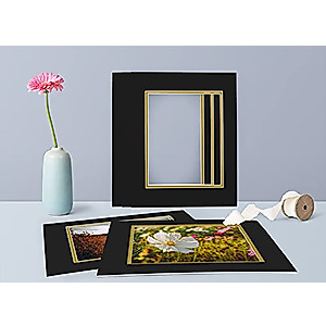 Golden State Art, 11x14 Double Mats for 8x10 - for Photos, Pictures, Frames - Acid-Free, 5 Pack, Black Over Old Gold