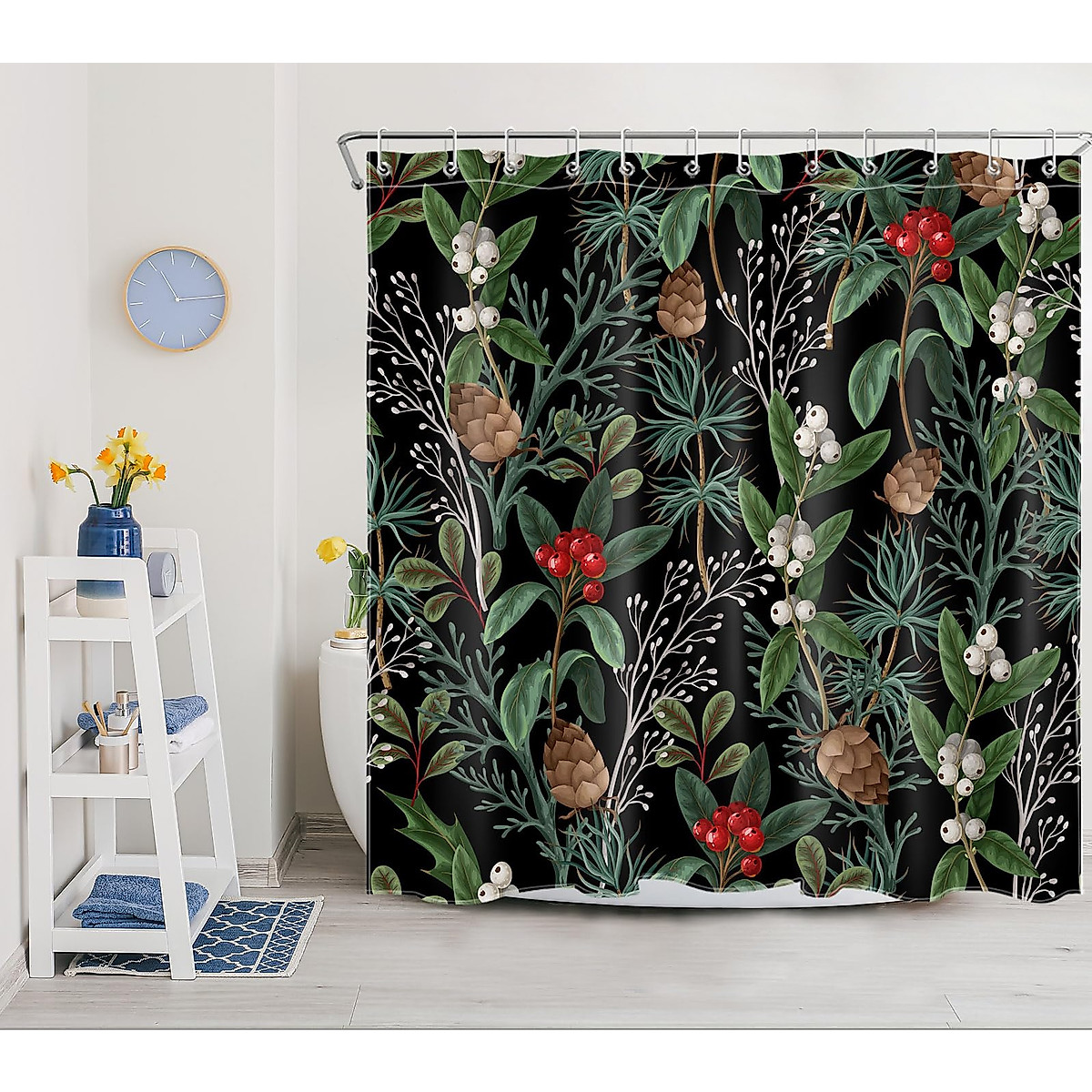 LB Black Christmas Shower Curtain Decor, Red Berries and Pine Cone Green Botanical Shower Curtain for Bathroom 72" W x 78" L Polyester Fabric Bathroom Decoration Bath Curtains Hooks Included