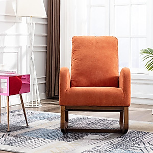 CALABASH Upholstered Rocking Chair Indoor Nursery Rocker Chair Comfortable Thick Padded Armchair with High Backrest Retro Mid-Century Nursery Glider Chair with Armrests for Living Room (Orange)