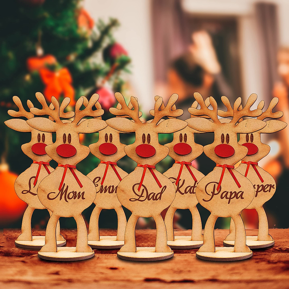 Custom Freestanding Santa’s Reindeers Place Cards For Table Setting with Names Personalized Christmas Dinner Table Decorations Party Table Number Wooden Sign (Custom Names, 15CM)