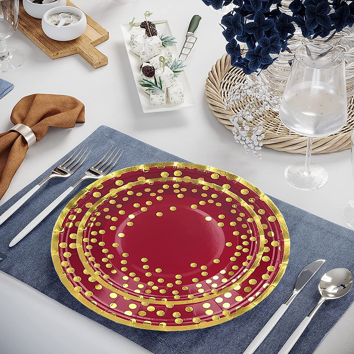 50 Pcs Burgundy and Gold Party Supplies,Gold Dot Party Tableware Set 9"&7"Burgundy Paper Plates Gold Dot Plates,Burgundy and Gold Party Decorations for Birthday Wedding Anniversary Graduation Decor