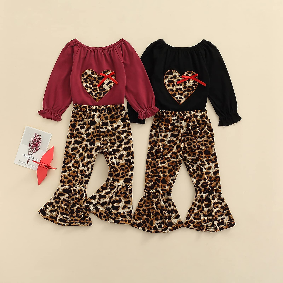 Suolongsama Valentine's Day Toddler Kids Baby Girl Clothes Love Heart Print Ruffle Long Sleeve Shirt Tops Leopard Flare Pants 1-5Y (Purplish Red, 2-3T)