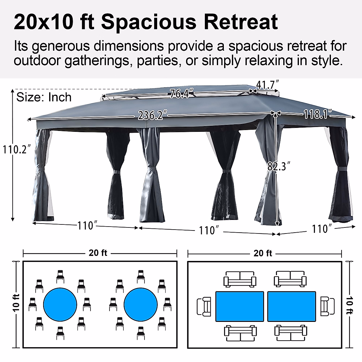 110x220 Outdoor Gazebo with Oxford Cloth & Mosquito Nets, Patio, Yard, Deck, Garden, Double Top Design Zipper Design Ultraviolet-Proof Waterproof Fireproof Withstand Strong Winds, Gray