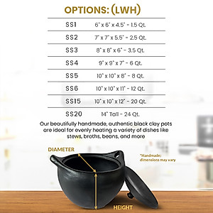 Toque Blanche Clay Pot Essentials - Versatile Clay Cooking Pots, Handmade Earthenware Cookware - Perfect for Cooking Soups, Stews, and More | Black - 6-Quart Large Pot with Handle & Lid